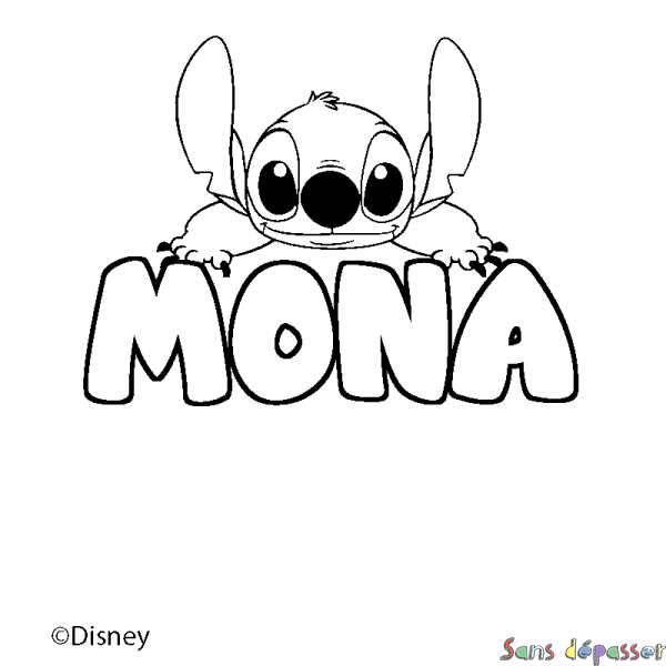 Coloriage prénom MONA - décor Stitch - Sans Dépasser