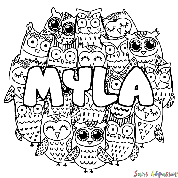 Coloriage prénom MYLA - décor Chouettes - Sans Dépasser