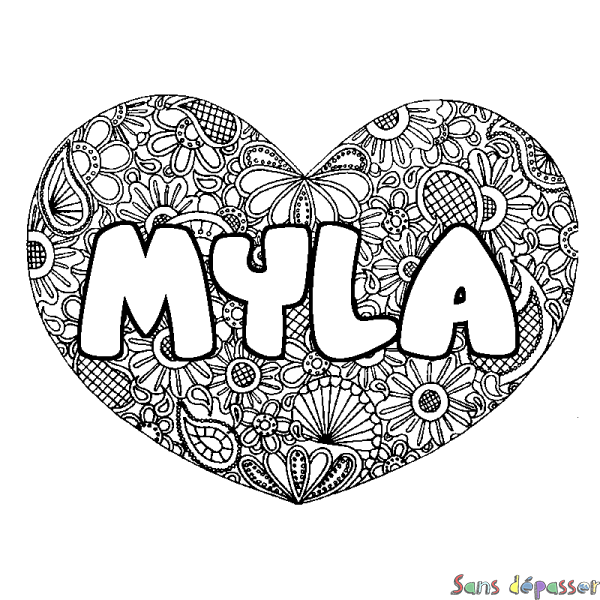 Coloriage prénom MYLA - décor Mandala coeur - Sans Dépasser