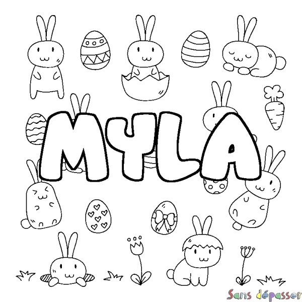 Coloriage prénom MYLA - décor Paques - Sans Dépasser