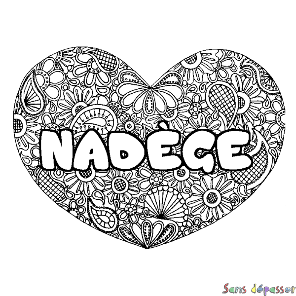Coloriage prénom NADÈGE - décor Mandala coeur - Sans Dépasser