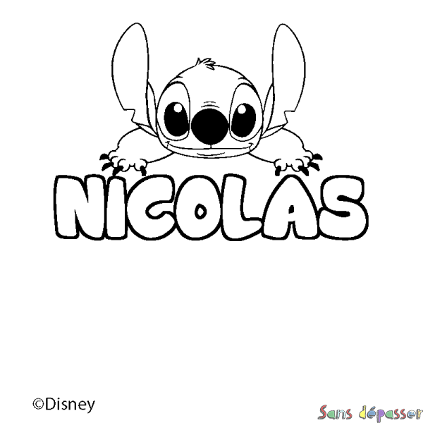 Coloriage prénom NICOLAS - décor Stitch - Sans Dépasser