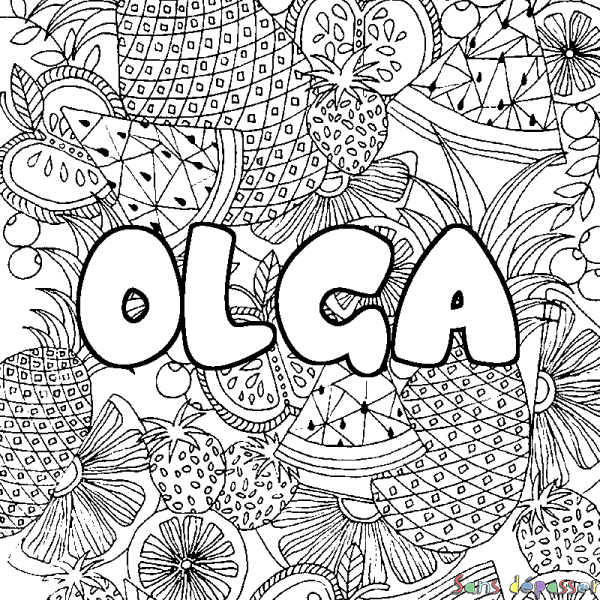 Coloriage prénom OLGA - décor Mandala fruits - Sans Dépasser