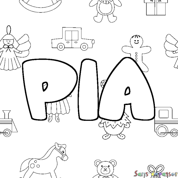 Coloriage prénom PIA - décor Jouets - Sans Dépasser