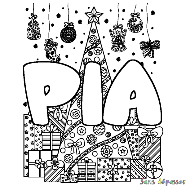 Coloriage prénom PIA - décor Sapin et Cadeaux - Sans Dépasser