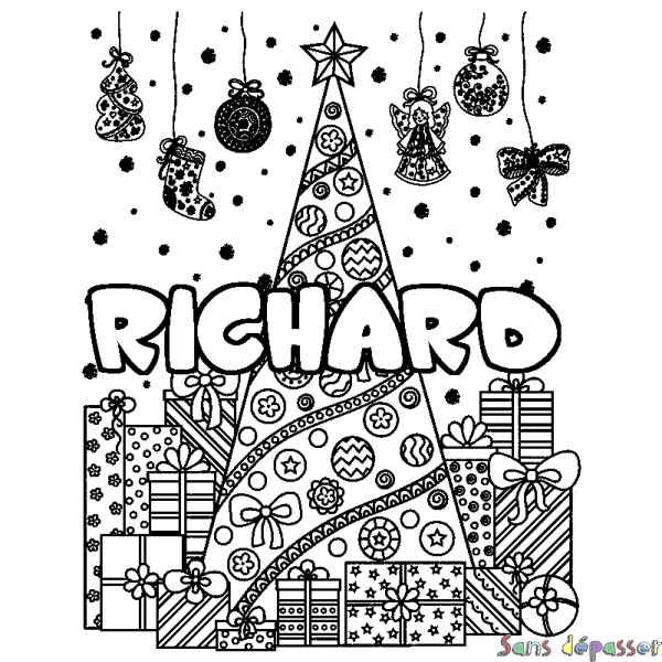 Coloriage prénom RICHARD - décor Sapin et Cadeaux - Sans Dépasser