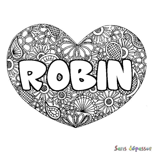 Coloriage prénom ROBIN - décor Mandala coeur - Sans Dépasser