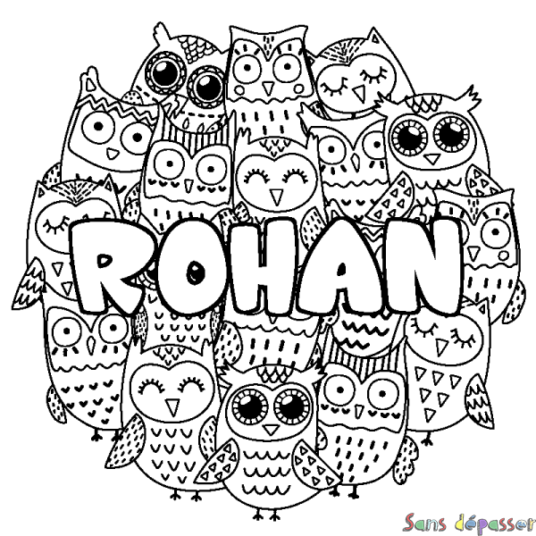 Coloriage prénom ROHAN - décor Chouettes - Sans Dépasser