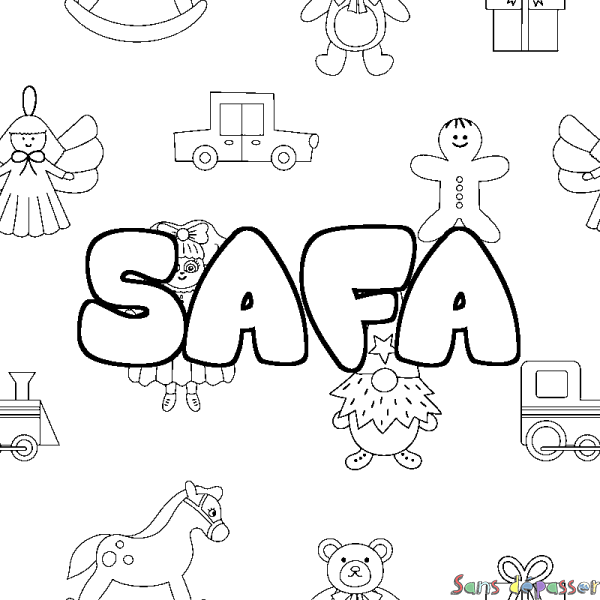 Coloriage prénom SAFA - décor Jouets - Sans Dépasser