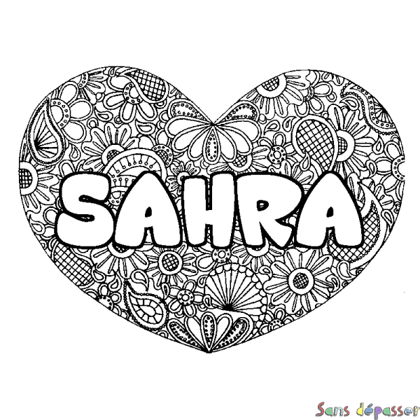 Coloriage prénom SAHRA - décor Mandala coeur - Sans Dépasser