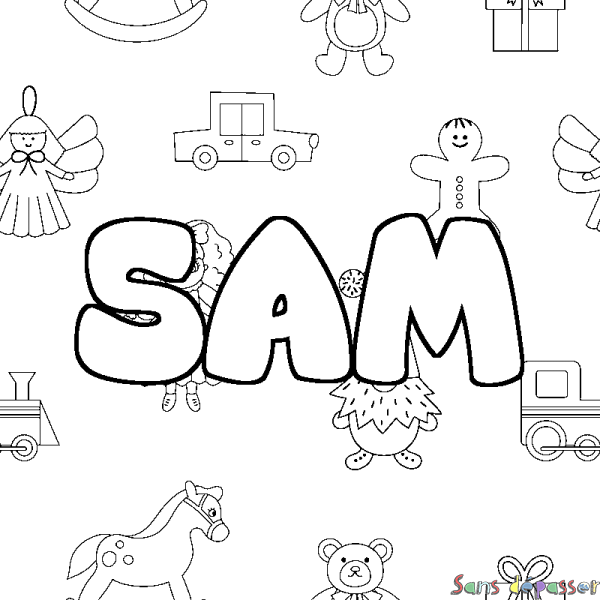 Coloriage prénom SAM - décor Jouets - Sans Dépasser