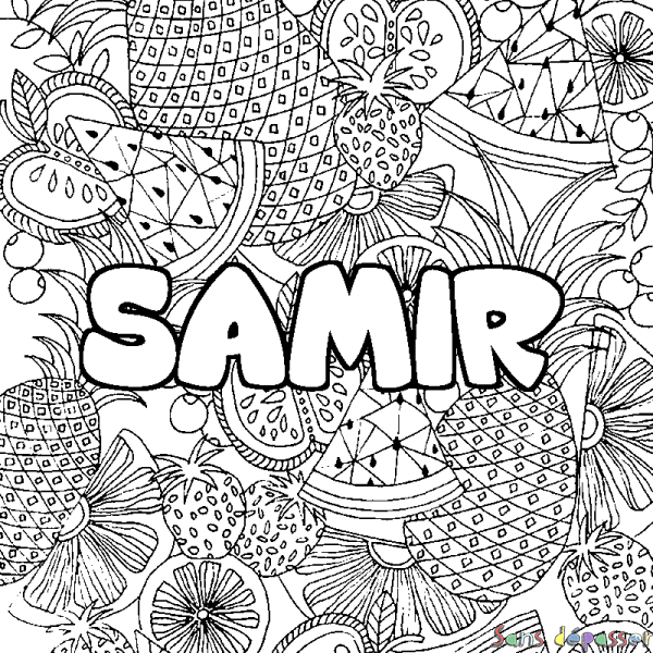 Coloriage prénom SAMIR - décor Mandala fruits - Sans Dépasser
