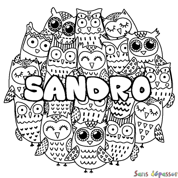 Coloriage prénom SANDRO - décor Chouettes - Sans Dépasser