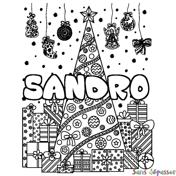 Coloriage prénom SANDRO - décor Sapin et Cadeaux - Sans Dépasser