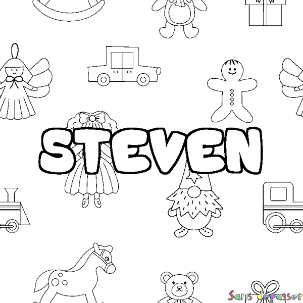 Coloriage prénom STEVEN - décor Jouets - Sans Dépasser