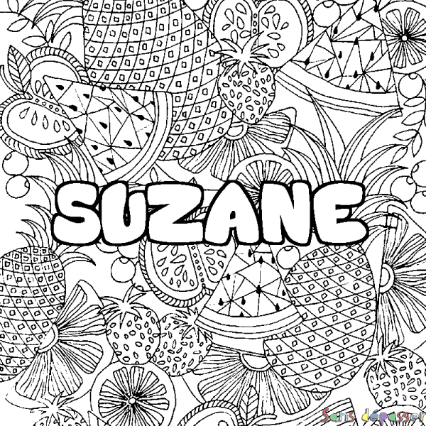 Coloriage prénom SUZANE - décor Mandala fruits - Sans Dépasser