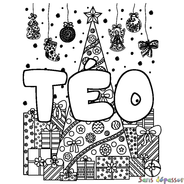 Coloriage prénom TÉO - décor Sapin et Cadeaux - Sans Dépasser
