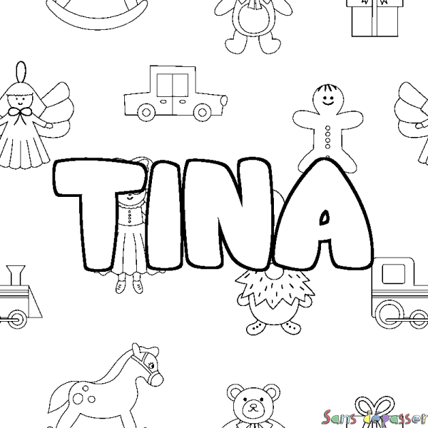 Coloriage prénom TINA - décor Jouets - Sans Dépasser