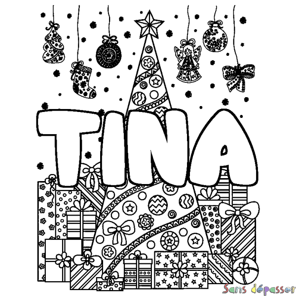 Coloriage prénom TINA - décor Sapin et Cadeaux - Sans Dépasser