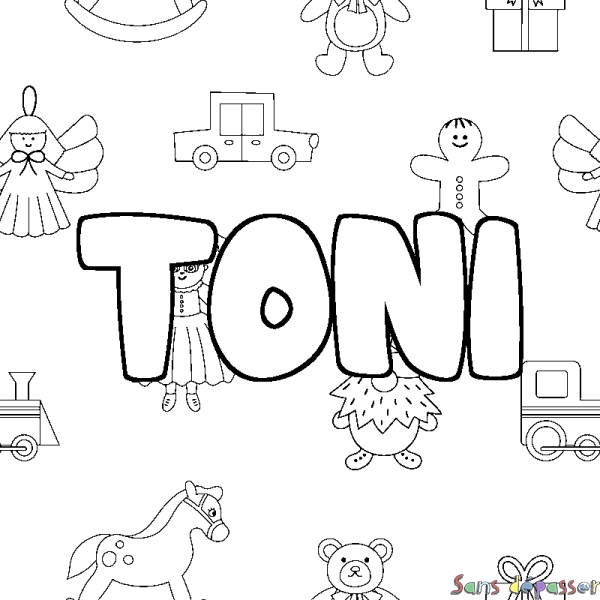 Coloriage prénom TONI - décor Jouets - Sans Dépasser