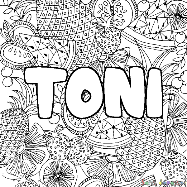Coloriage prénom TONI - décor Mandala fruits - Sans Dépasser