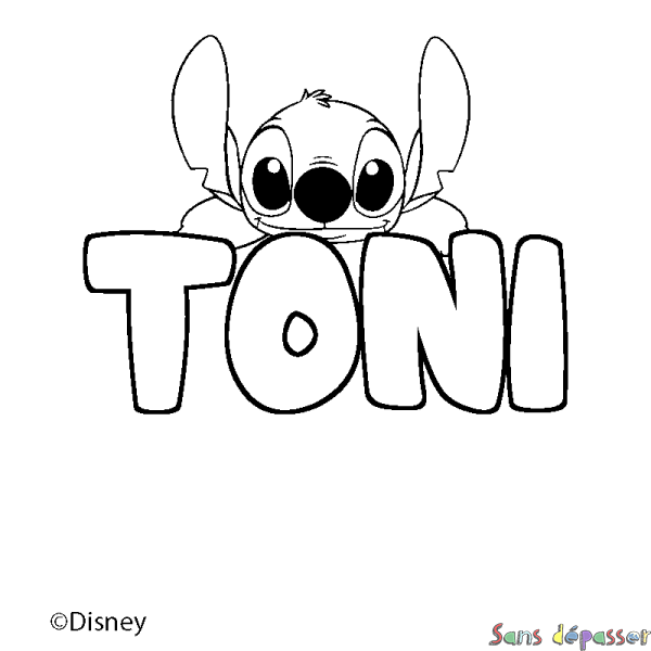 Coloriage prénom TONI - décor Stitch - Sans Dépasser