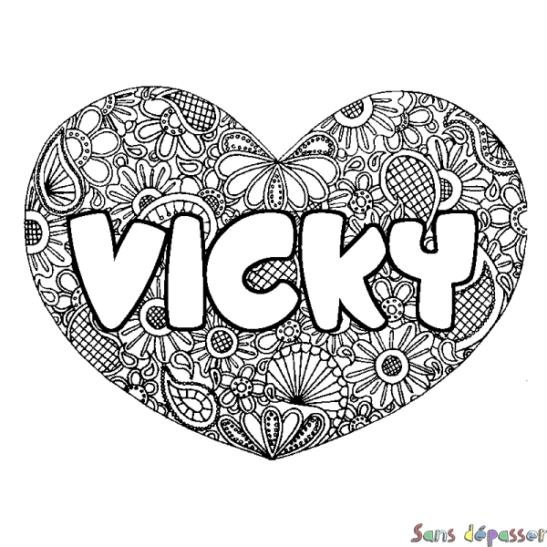 Coloriage prénom VICKY - décor Mandala coeur - Sans Dépasser
