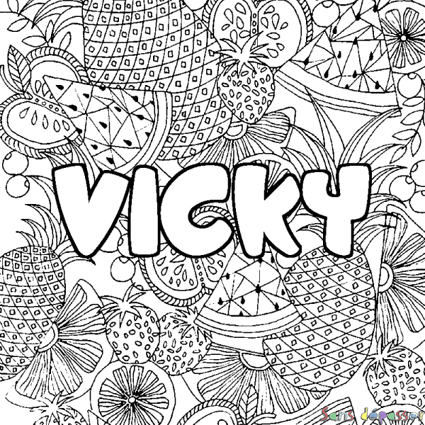 Coloriage prénom VICKY - décor Mandala fruits - Sans Dépasser