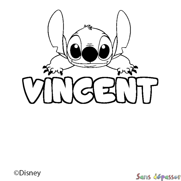 Coloriage prénom VINCENT - décor Stitch - Sans Dépasser