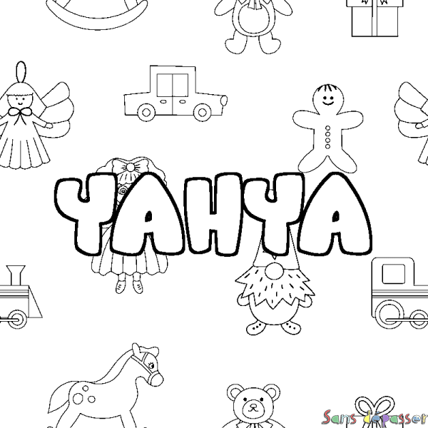 Coloriage prénom YAHYA - décor Jouets - Sans Dépasser