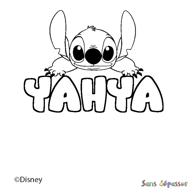 Coloriage prénom YAHYA - décor Stitch - Sans Dépasser