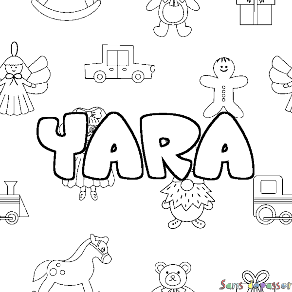 Coloriage prénom YARA - décor Jouets - Sans Dépasser