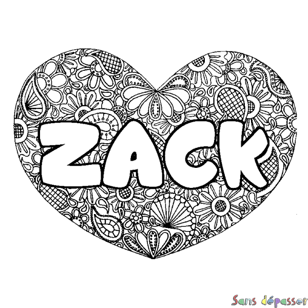 Coloriage prénom ZACK - décor Mandala coeur - Sans Dépasser