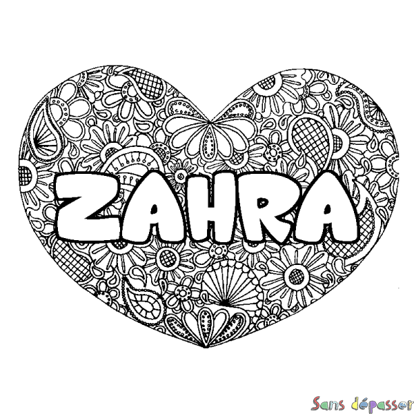 Coloriage prénom ZAHRA - décor Mandala coeur - Sans Dépasser