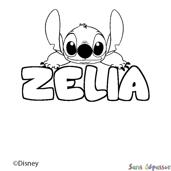 Coloriage prénom ZELIA - décor Stitch - Sans Dépasser