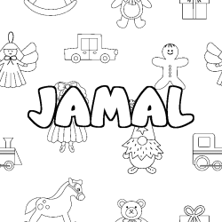 Coloriage prénom JAMAL - décor Premier jour d'école - Sans Dépasser