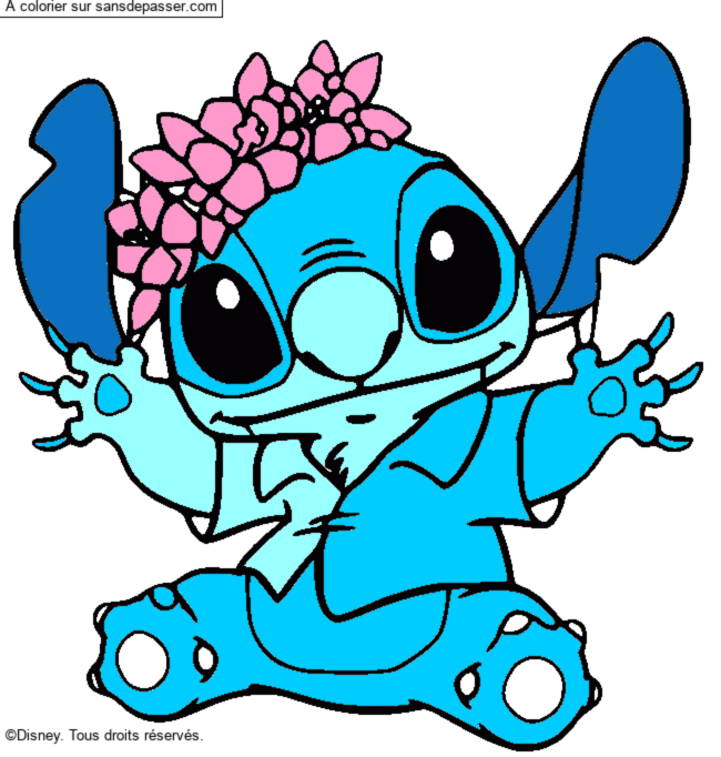 Dessin colorié : Coloriage Stitch et sa couronne de fleurs par un ...