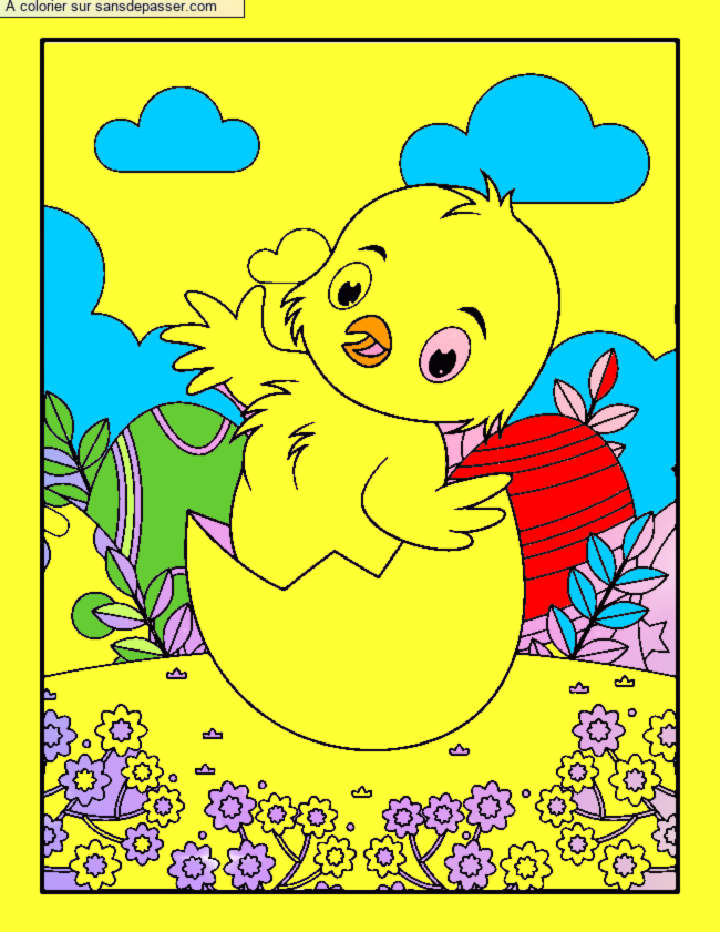 Dessin colorié : Coloriage Poussin de Pâques qui sort de son oeuf par ...