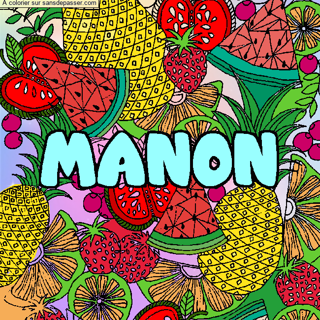 Coloriage prénom MANON - décor Mandala fruits - Sans Dépasser