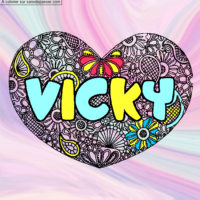Coloriage prénom VICKY - décor Mandala coeur - Sans Dépasser