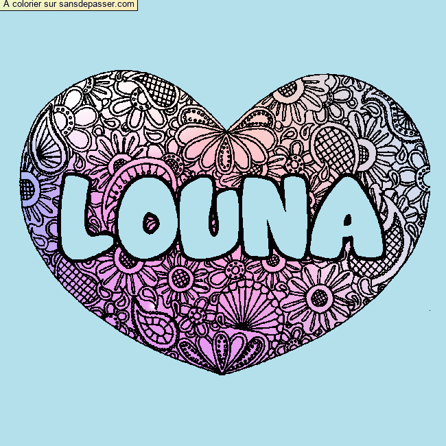 Dessin colorié : Coloriage prénom LOUNA - décor Mandala coeur par un ...