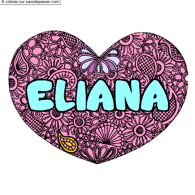 Coloriage prénom ELIANA - décor Mandala coeur - Sans Dépasser