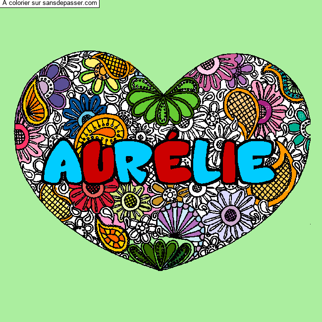 Coloriage prénom AURÉLIE - décor Mandala coeur - Sans Dépasser