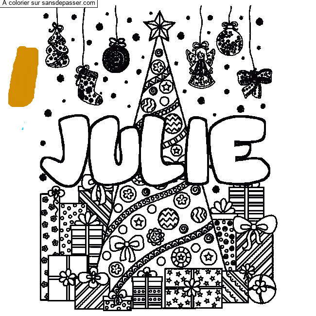 Coloriage prénom JULIE - décor Sapin et Cadeaux - Sans Dépasser