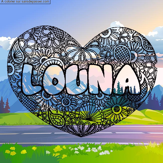 Coloriage prénom LOUNA - décor Mandala coeur - Sans Dépasser